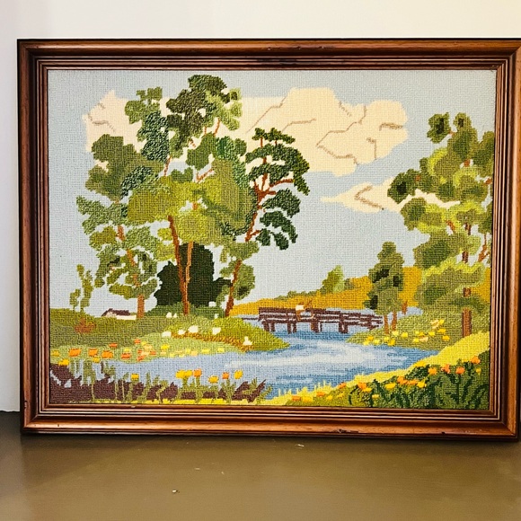 Wall Decor | Vintage Needlepoint Country Scene In Wooden Frame | Poshmark
